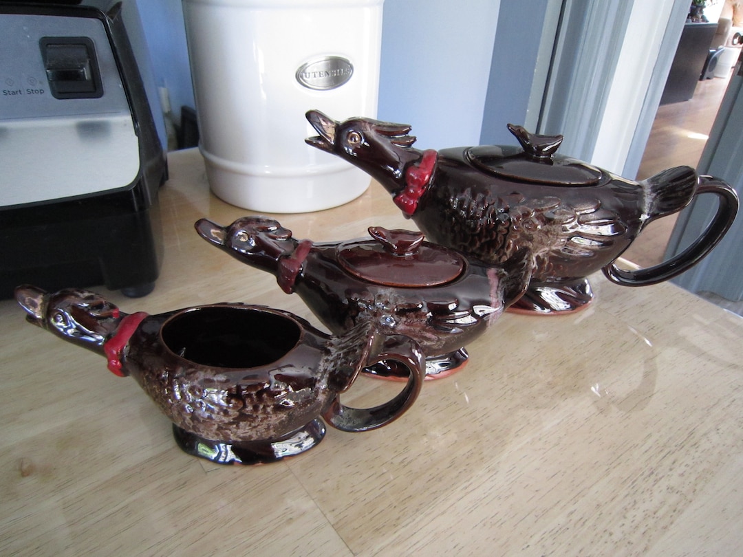 Vintage Shafford Redware 3pc Duck Teapot, Sugar, & Creamer Brown Glazed ...