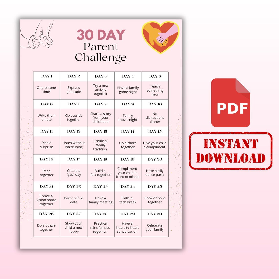 30 Day Parent Challenge Printable Fun Family Bonding Activities Mindful ...