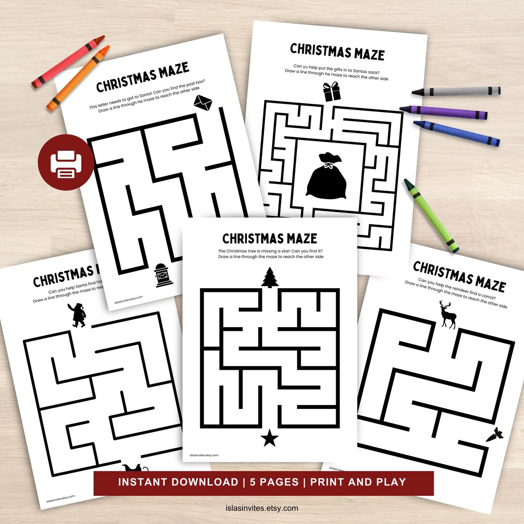 5 Christmas Maze Activity Pages Instant Download - Kids Christmas ...
