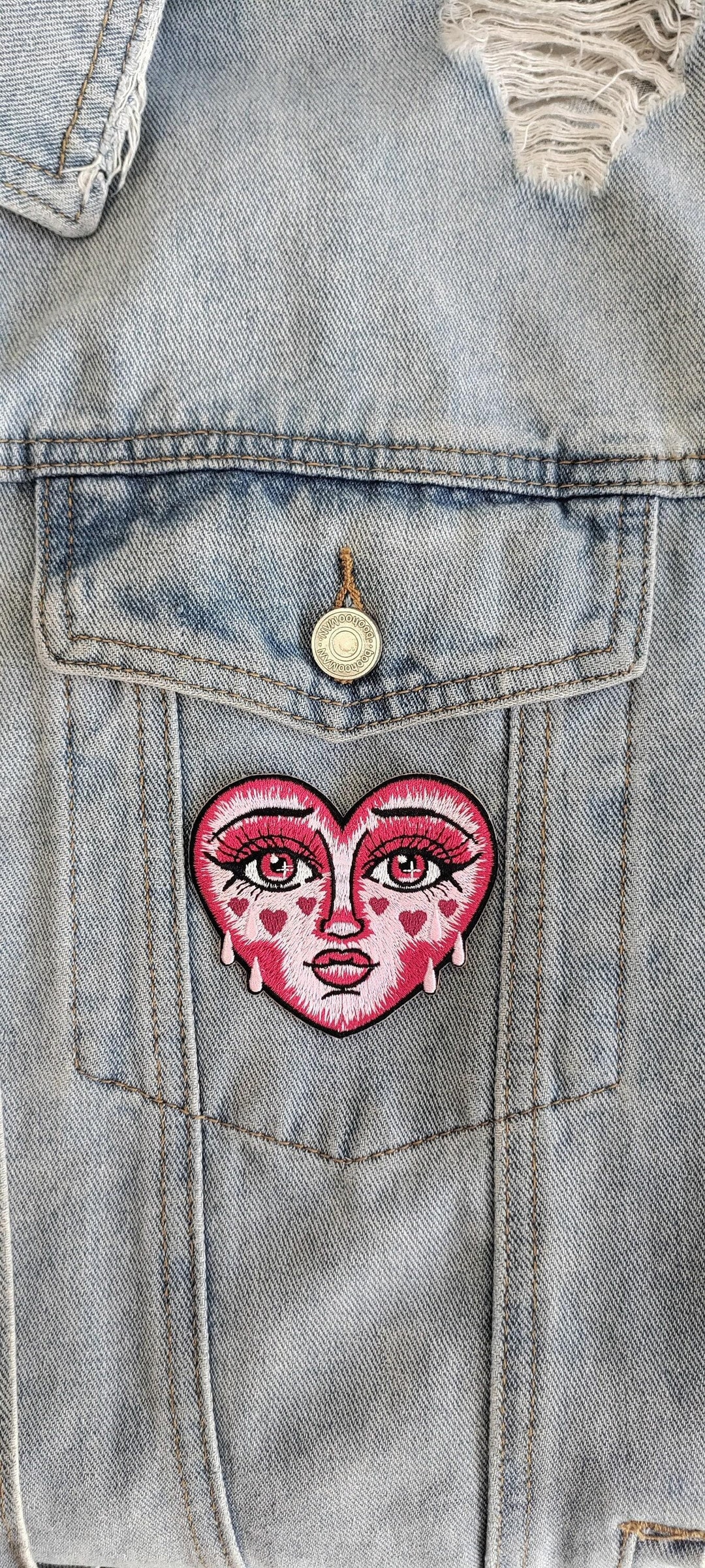 Doll Face // Heart DIY Embroidered Iron Sew on Patch Crying Pop Art ...