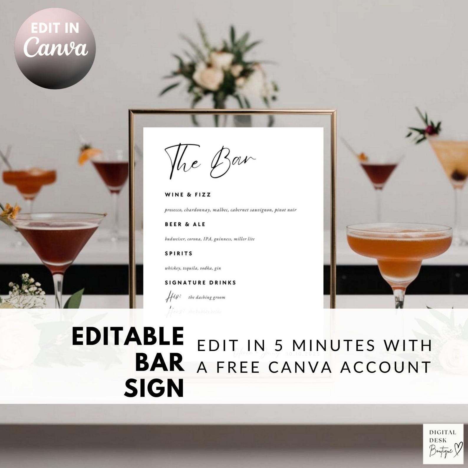 Wedding Bar Sign Template, Bar Menu Signage, Minimalist Canva Template ...