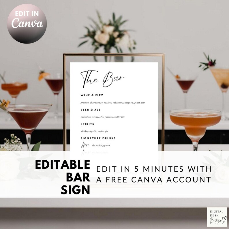 Wedding Bar Sign Template, Bar Menu Signage, Minimalist Canva Template ...