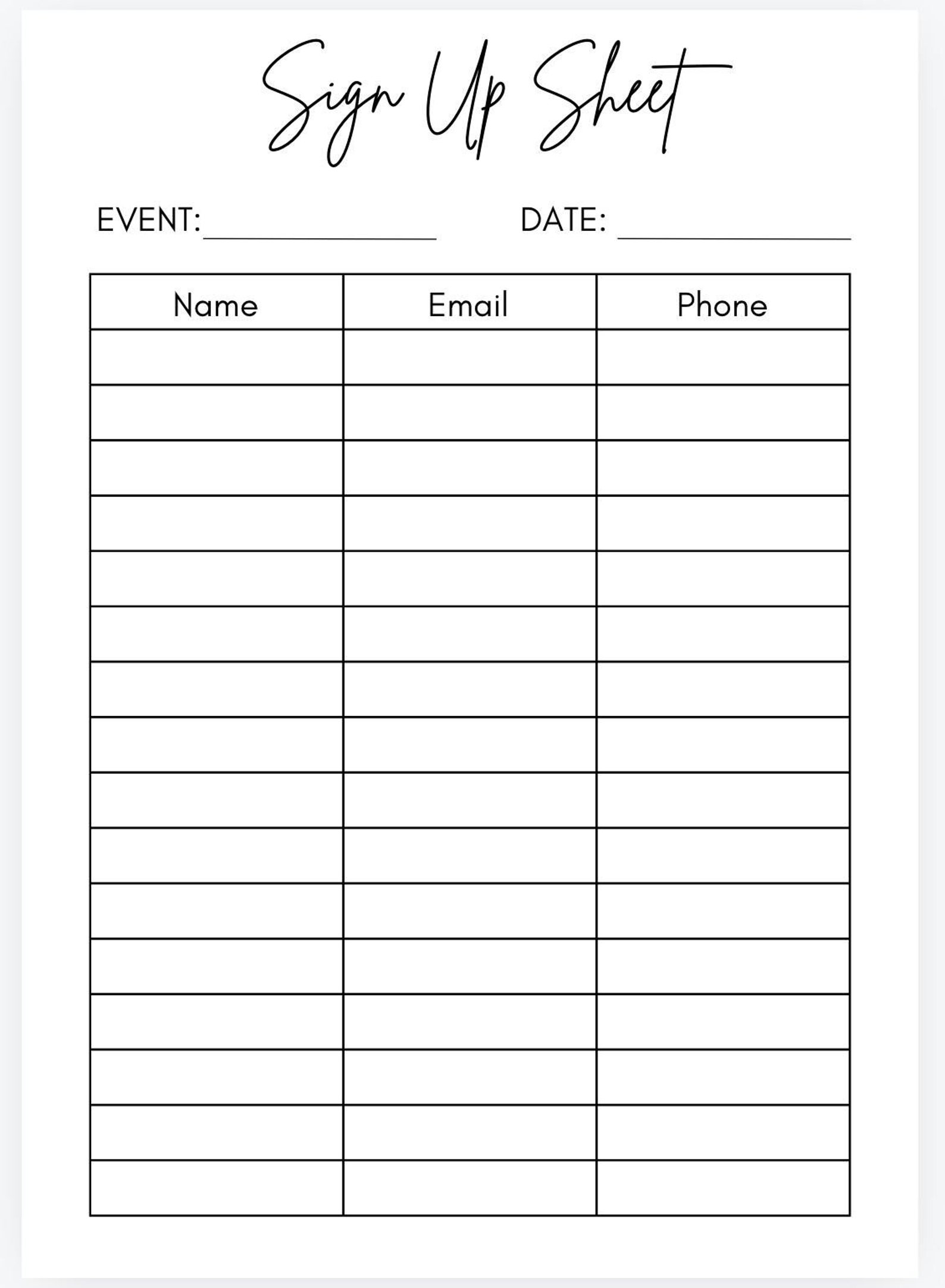 Sign up Sheet Email & Phone Number Simple Event Printable PDF - Etsy