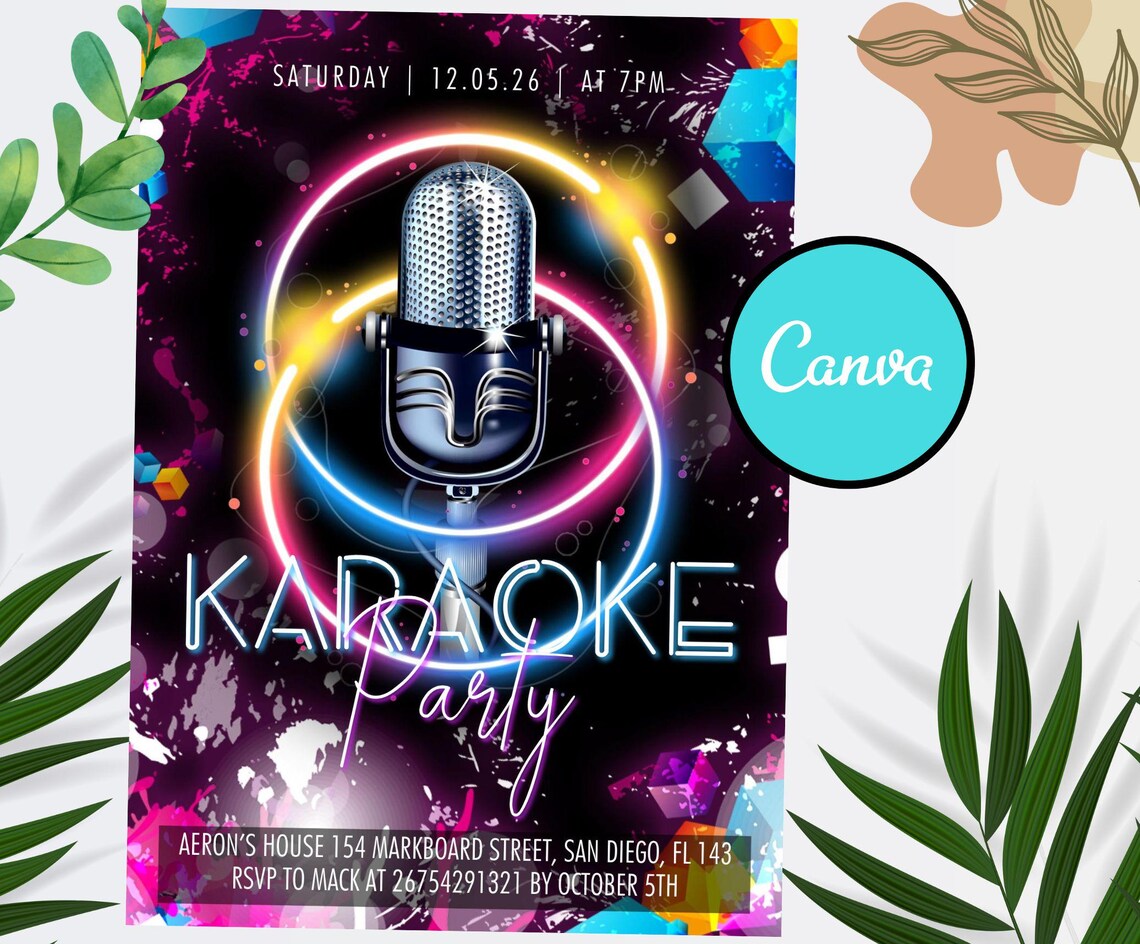 Editable Karaoke Birthday Invitation: Neon Music Party (instant ...