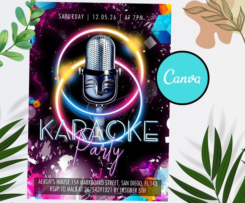 Editable Karaoke Birthday Invitation: Neon Music Party (instant ...