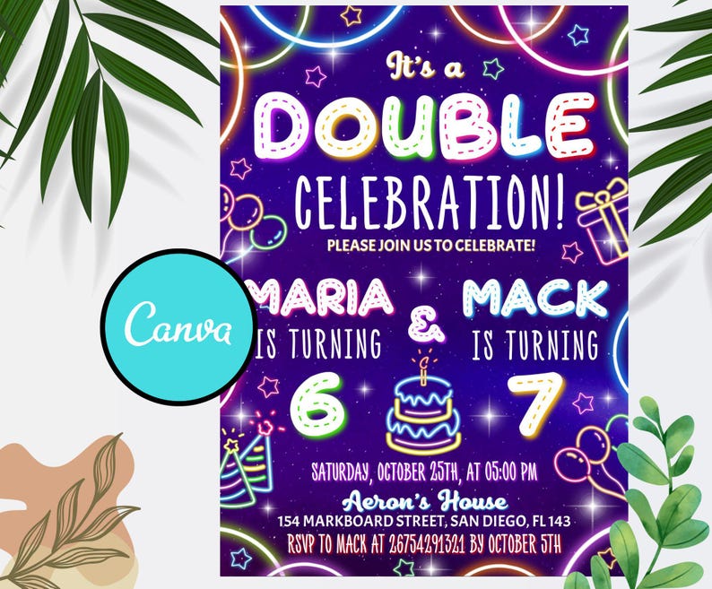 Editable Double Birthday Invitation, Neon Joint Birthday Invitation ...