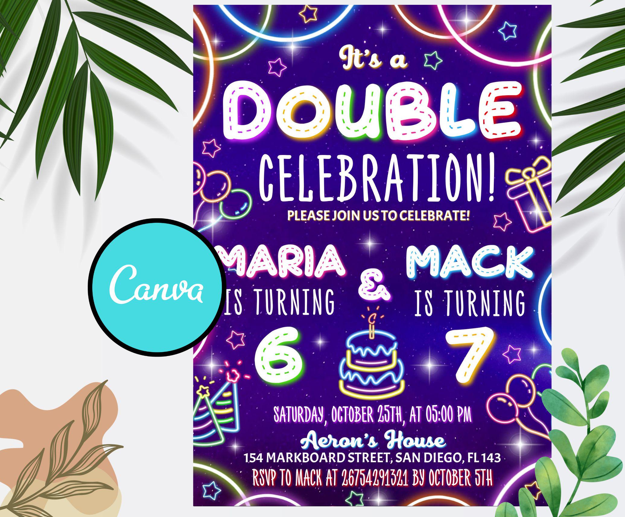 Editable Neon Double Birthday Invitation: Sibling Celebration (canva ...