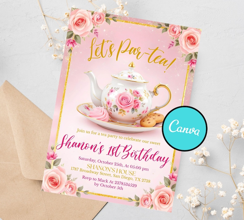 Editable Tea Party Birthday Invitation Girl Par-tea Invite Floral Pink ...