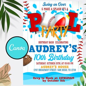 Editable Baseball Pool Birthday Party Invitation, Sports Birthday ...
