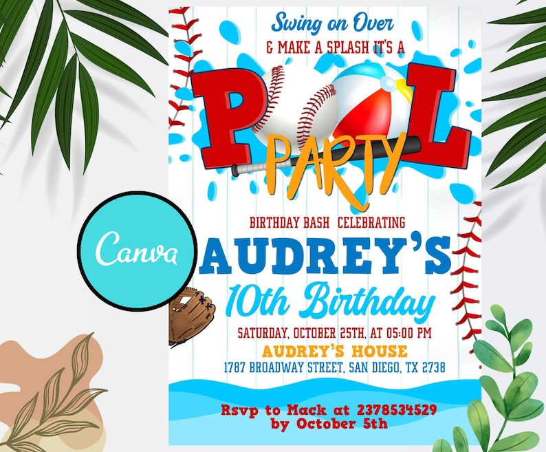 Editable Baseball Pool Birthday Party Invitation, Sports Birthday ...