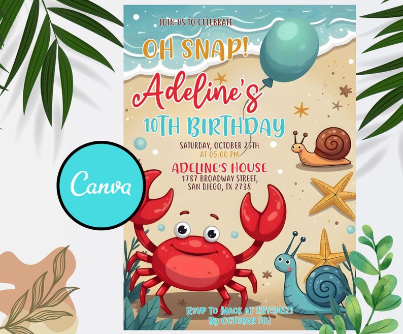 Crab Birthday Invitation: Customizable Beach Party Card (EDITABLE ...