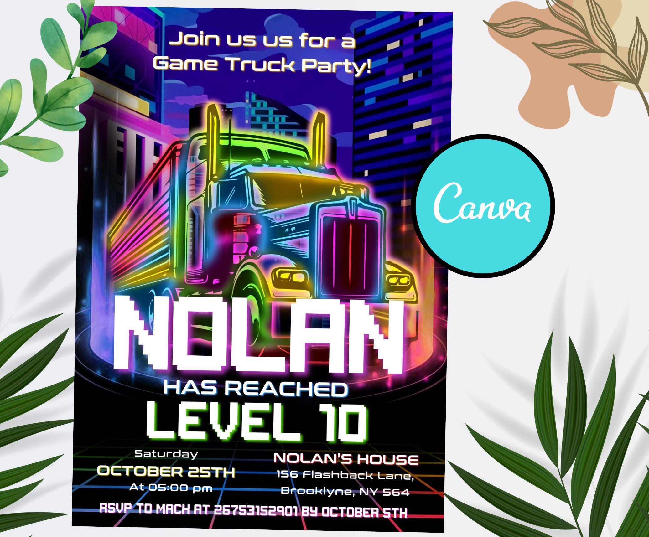 Editable Video Game Truck Birthday Invitation, Neon Gamer Truck Party ...