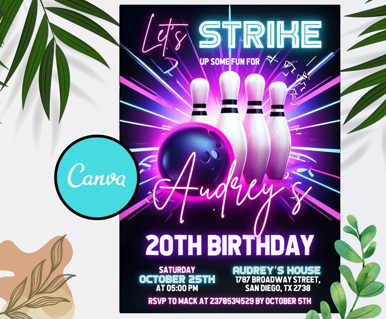Bowling Birthday Invitation, Glow Bowling Invitation, Neon Bowling ...
