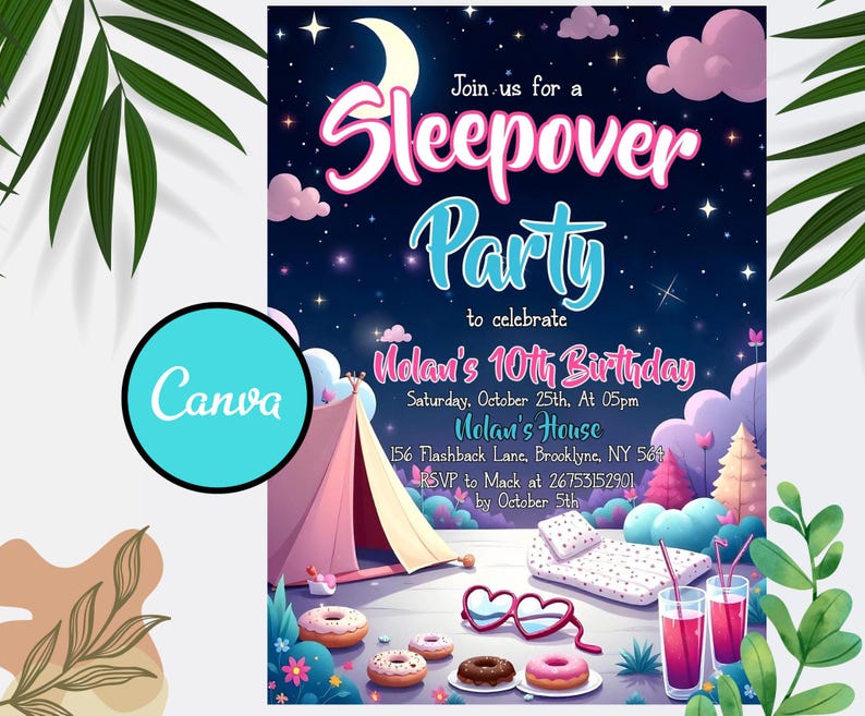 Editable Sleepover Birthday Invitation: Neon Slumber Party (instant ...