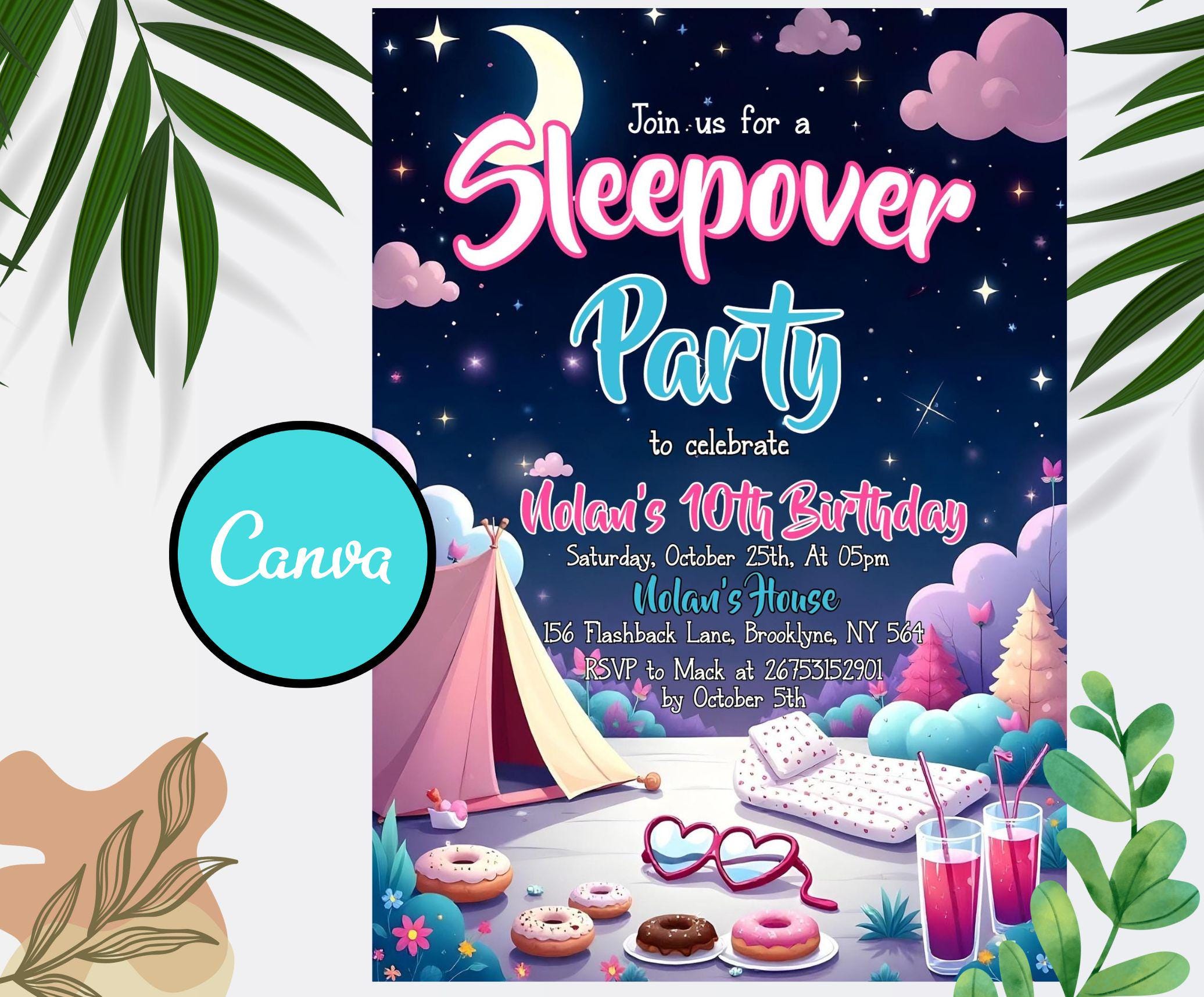 Editable Sleepover Birthday Invitation: Neon Slumber Party (instant ...