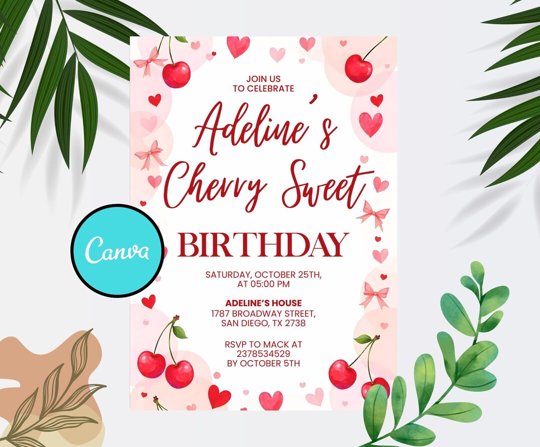 Cherry Birthday Party Invitation: Editable Canva Template (5x7" Digital ...