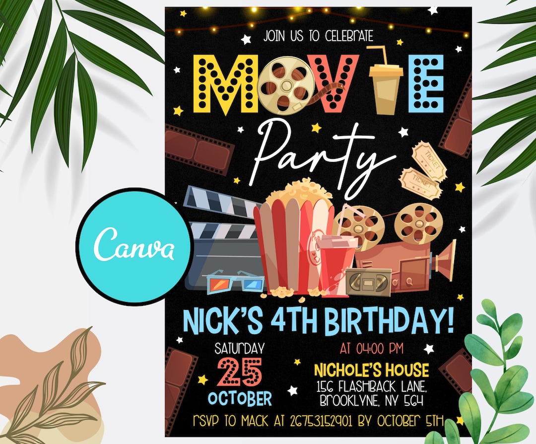 Editable Movie Birthday Party Invitation, Kids Invite, Canva Template ...
