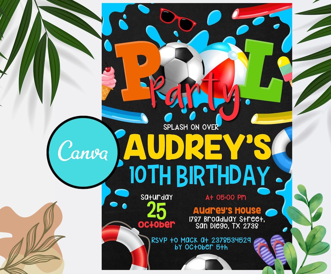 Soccer Pool Party Invitation, Boy Pool Party, Soccer and Pool Party ...