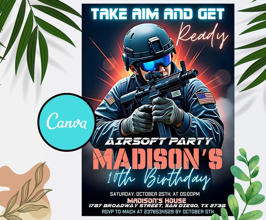 Editable Airsoft Birthday Invitation: Camo Military Theme (instant ...