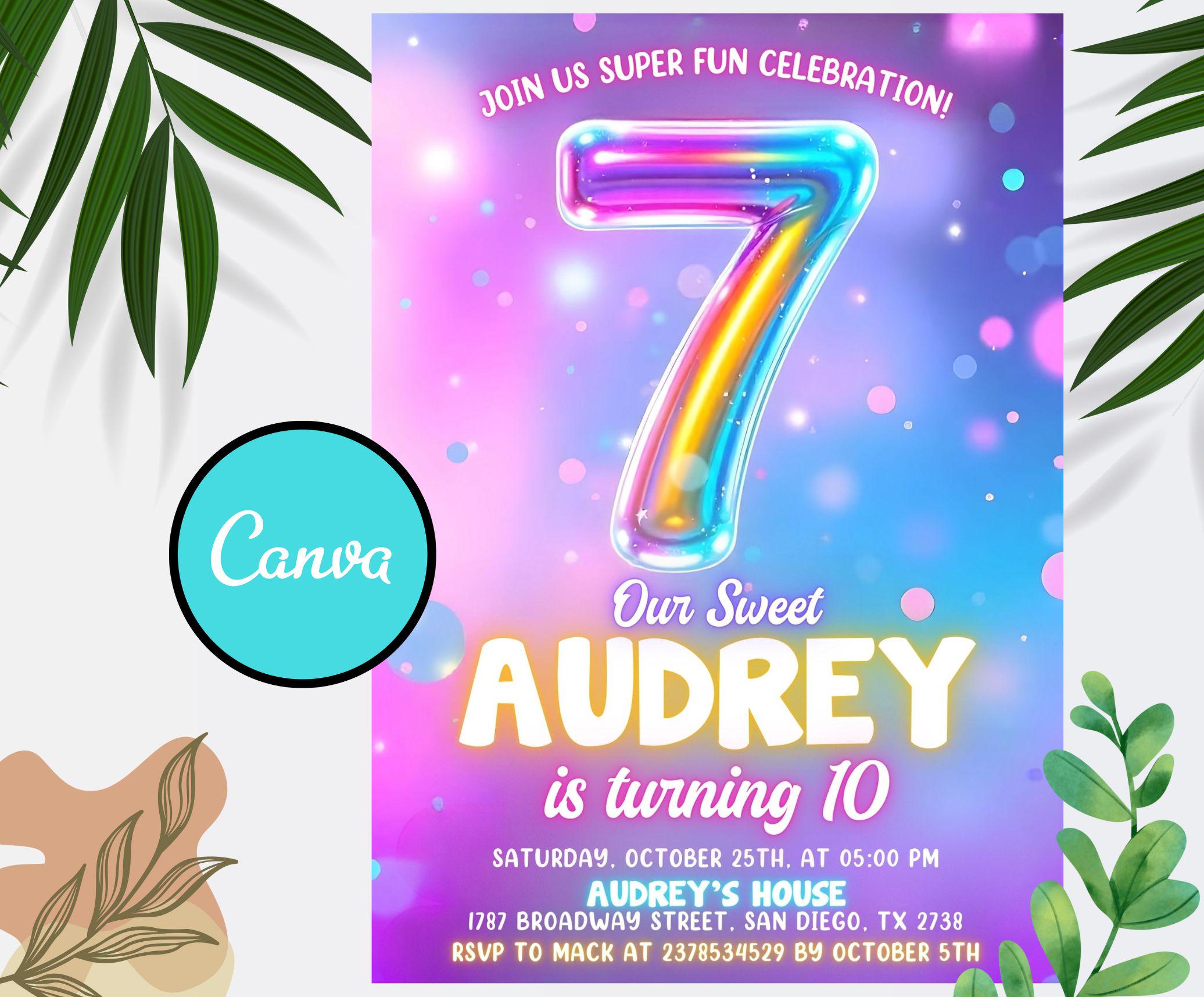 Editable Pink 7th Birthday Invitation Template, Glitter Birthday Invite ...