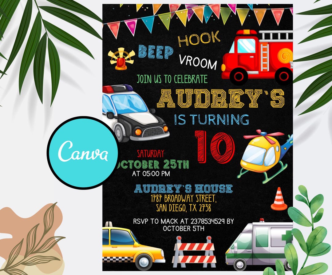 Transportation Birthday Invitation: Trucks, Cars, Firetrucks (instant ...