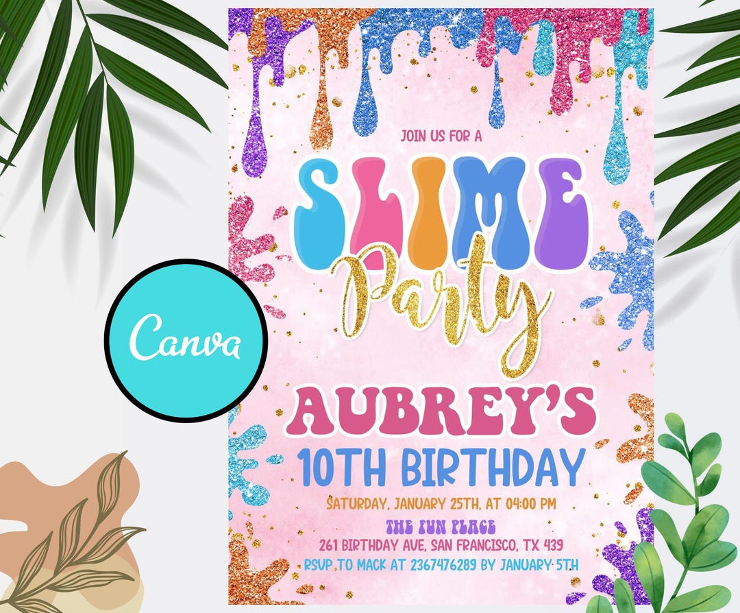 Editable Slime Birthday Invitation: Canva Template (instant Download ...