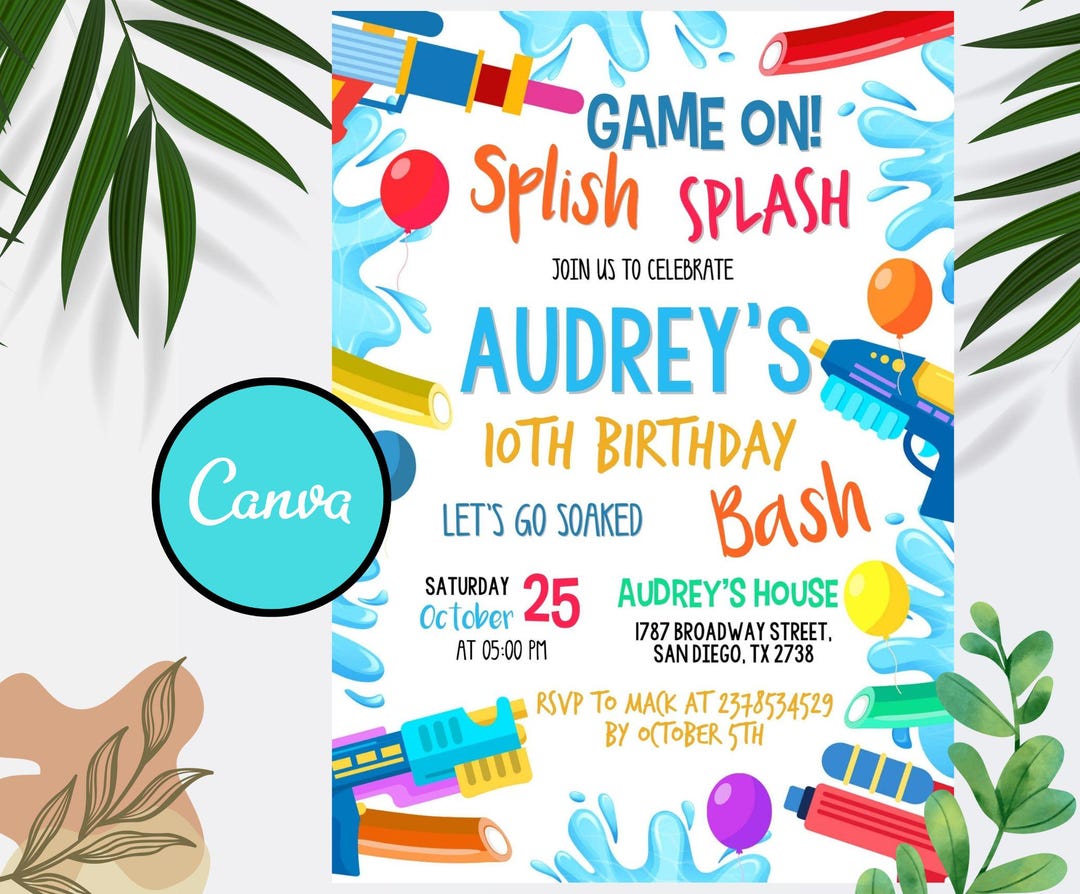 Editable Water Gun Birthday Invitation, Water Gun Invitation, Splash ...