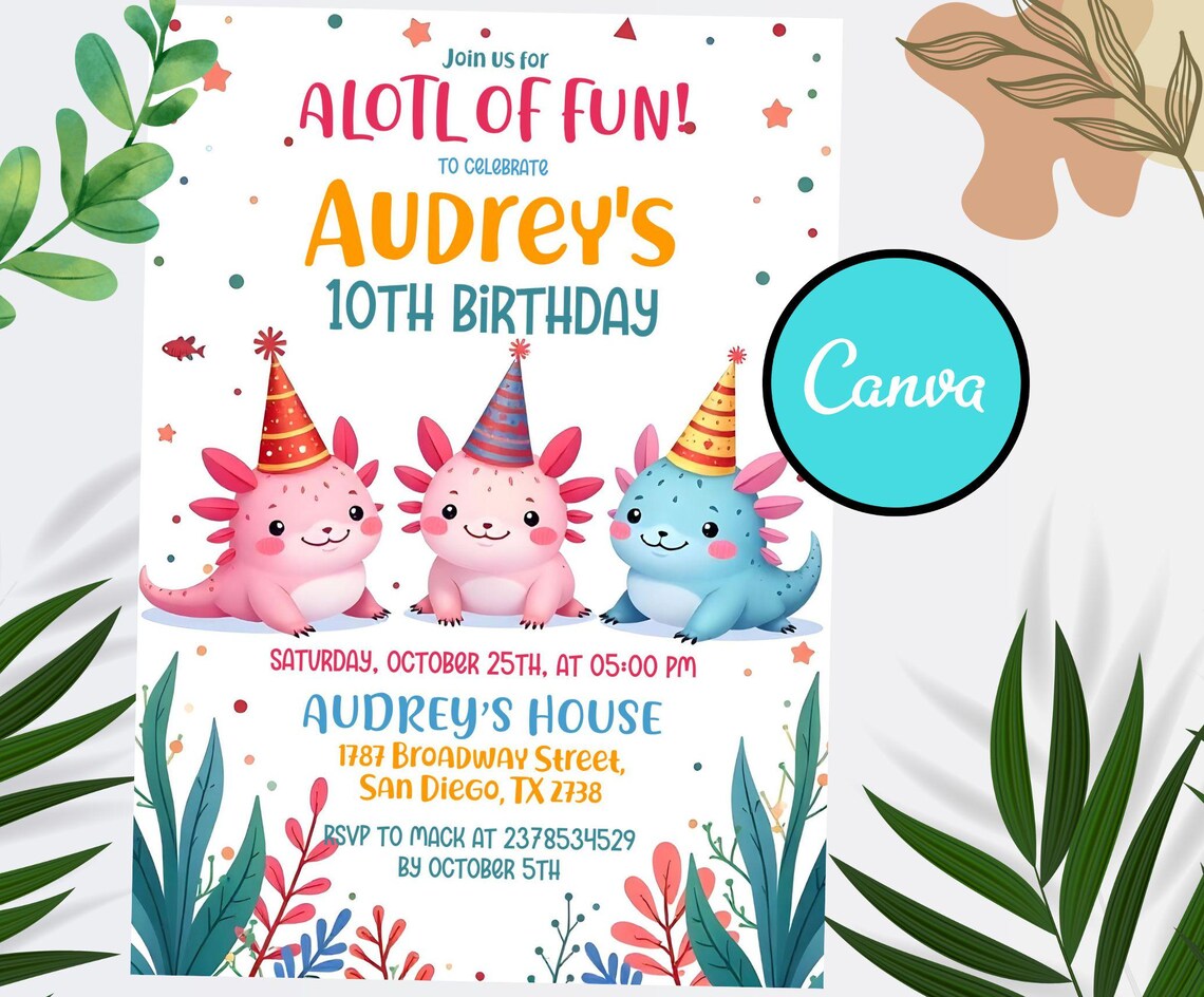 Axolotl Birthday Invitation, Editable Axolotl Birthday Invitation ...