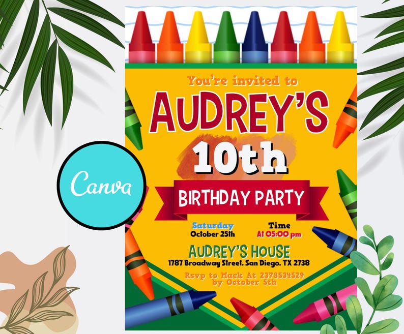 Editable Crayon Birthday Invitation, Crayon Art Party Invitation, Art ...
