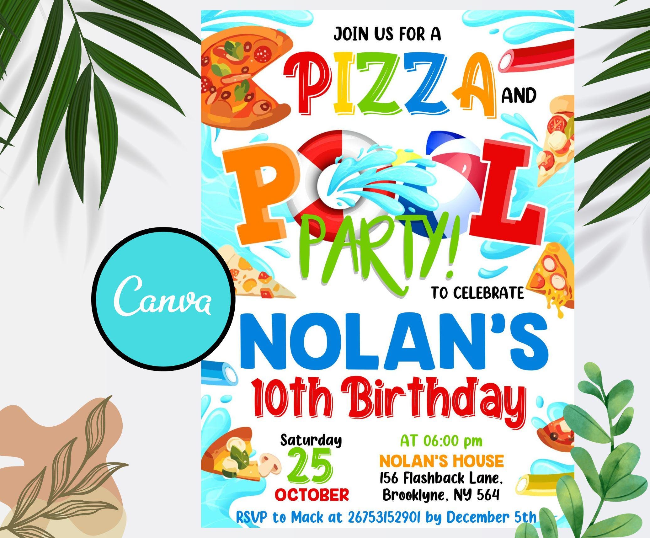 Pizza Pool Party Invitation, Pool Party Invitation, Pizza and Pool ...