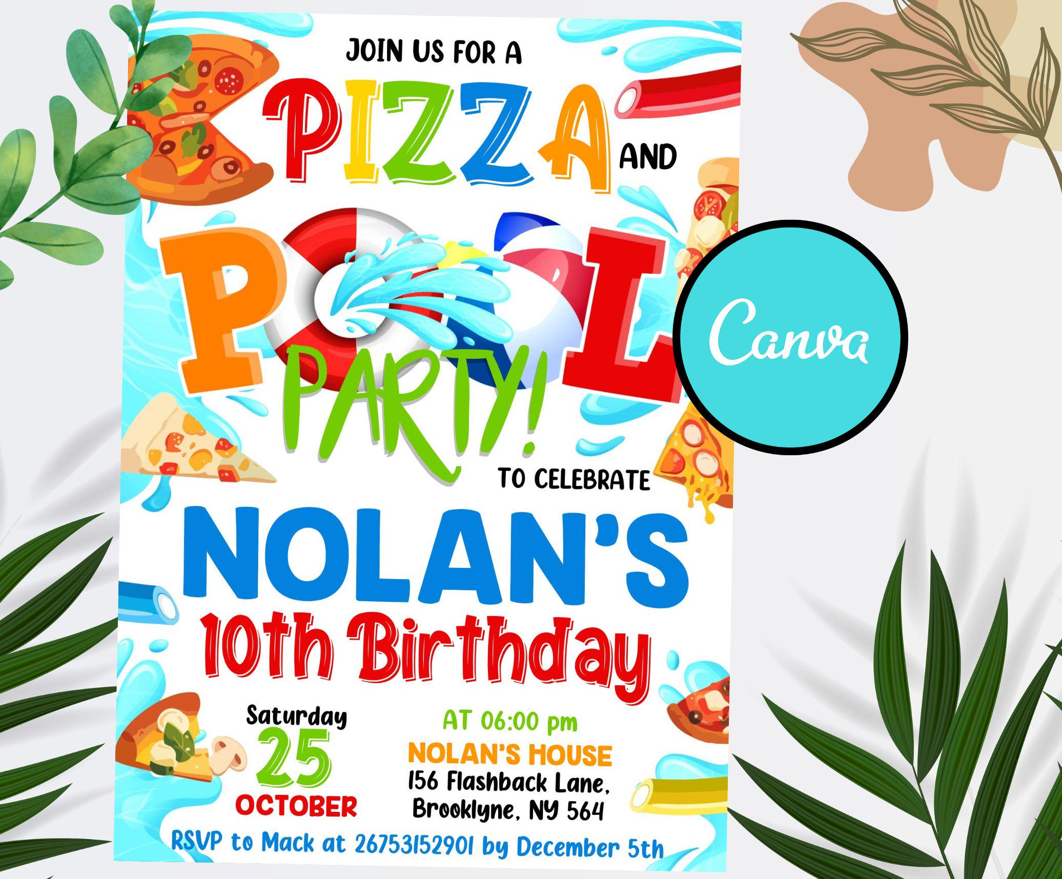 Pizza Pool Party Invitation, Pool Party Invitation, Pizza and Pool ...