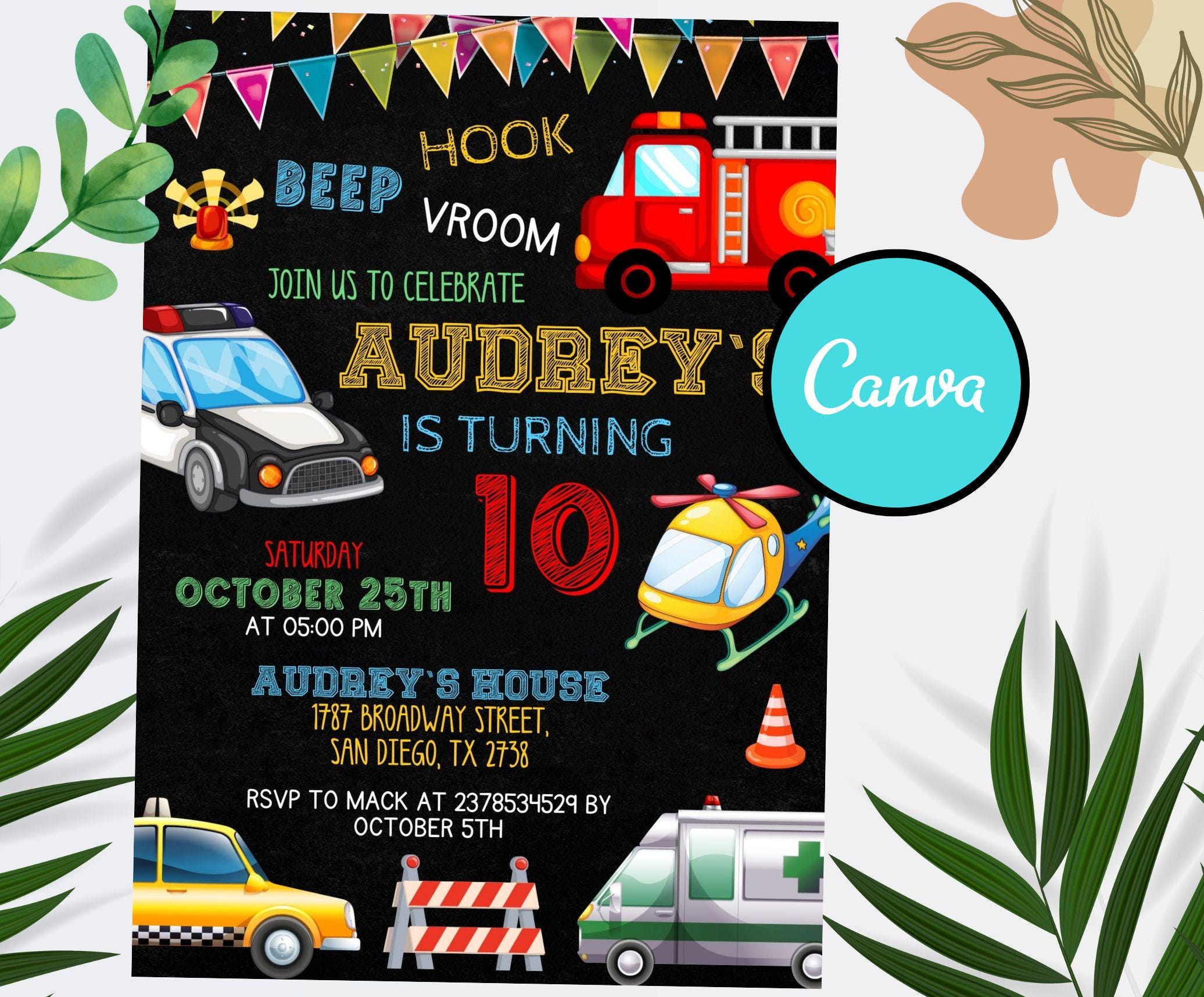 Transportation Birthday Invitation: Trucks, Cars, Firetrucks (instant ...