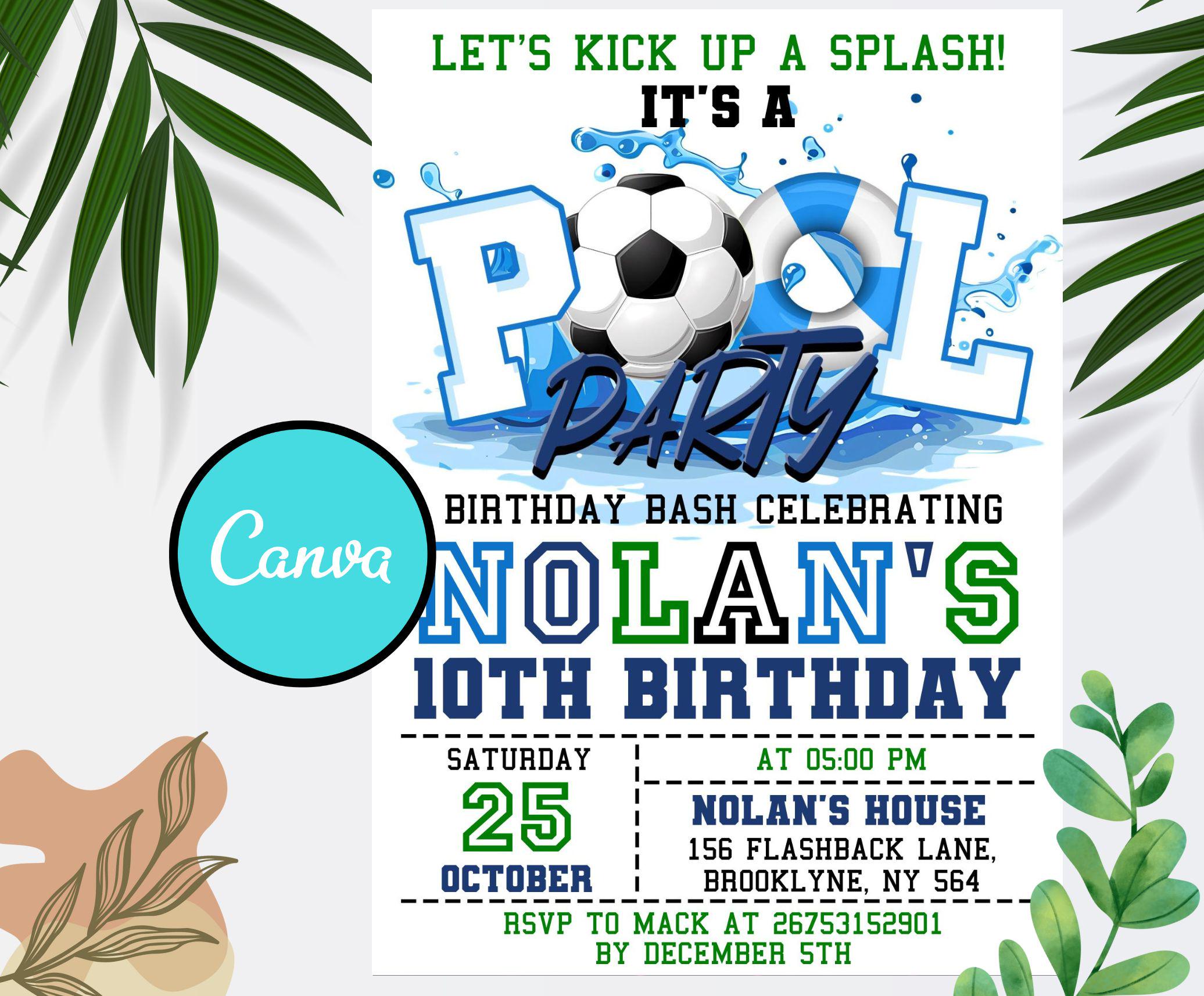 Editable Soccer Pool Birthday Invitation: Sports Summer Theme (digital ...