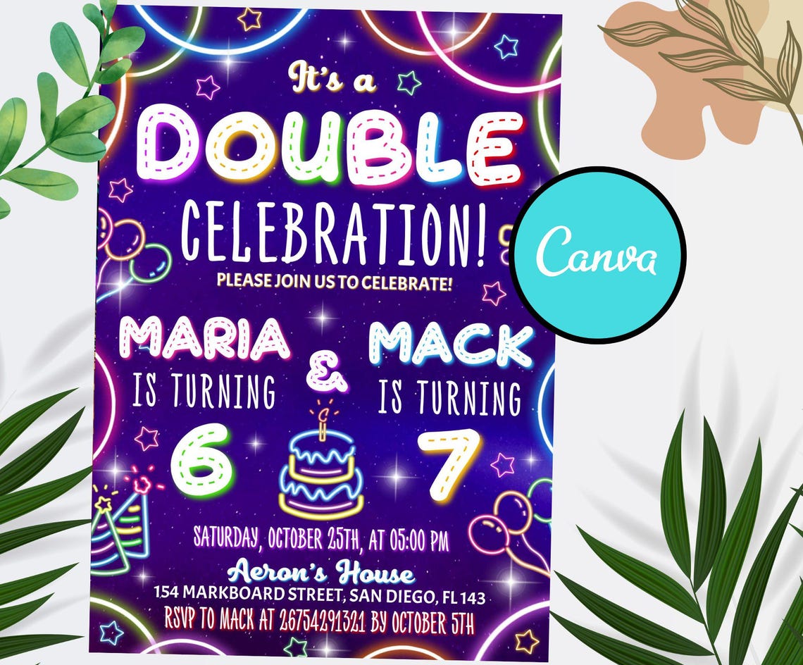 Editable Double Birthday Invitation, Neon Joint Birthday Invitation ...