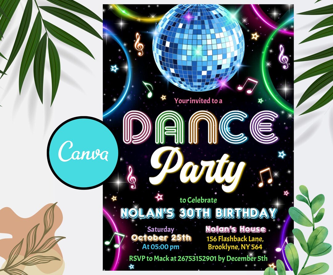 Editable Dance Party Invitation, Dance Party Invitation, Glow Dance ...