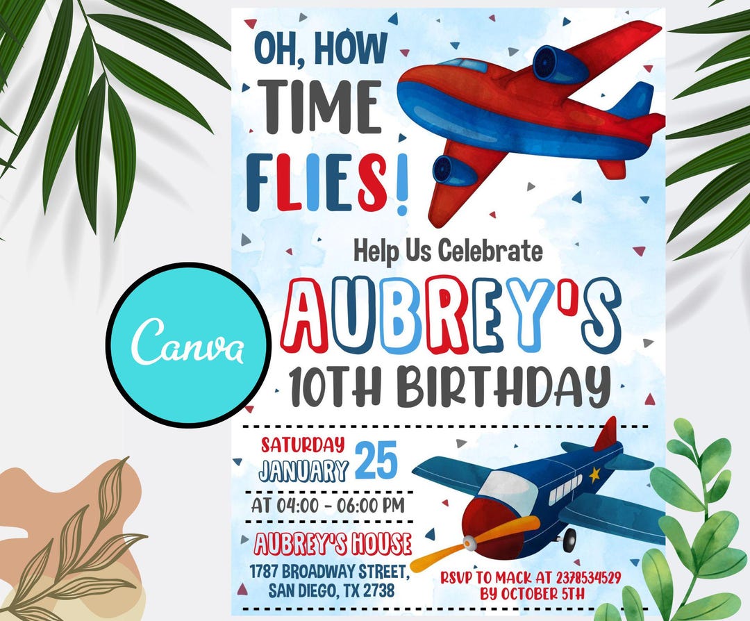 Airplane Birthday Invitation: Time Flies Theme (digital Download) - Etsy