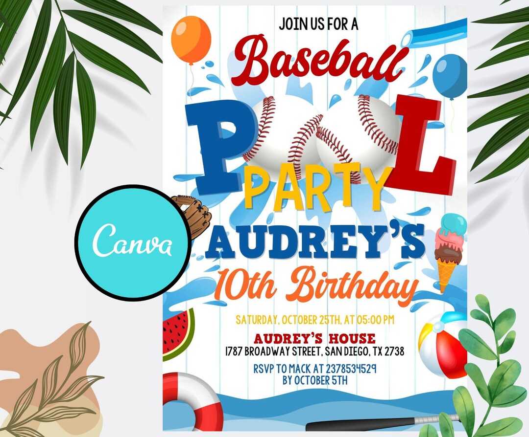 Editable Baseball Pool Birthday Party Invitation (digital Printable) - Etsy