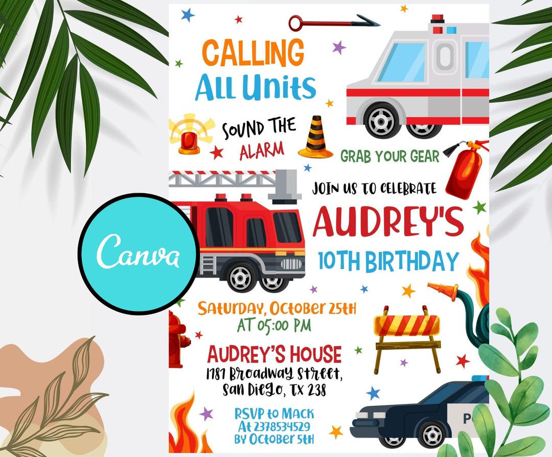 Emergency Vehicles Birthday Invitation: First Responders Party (instant ...