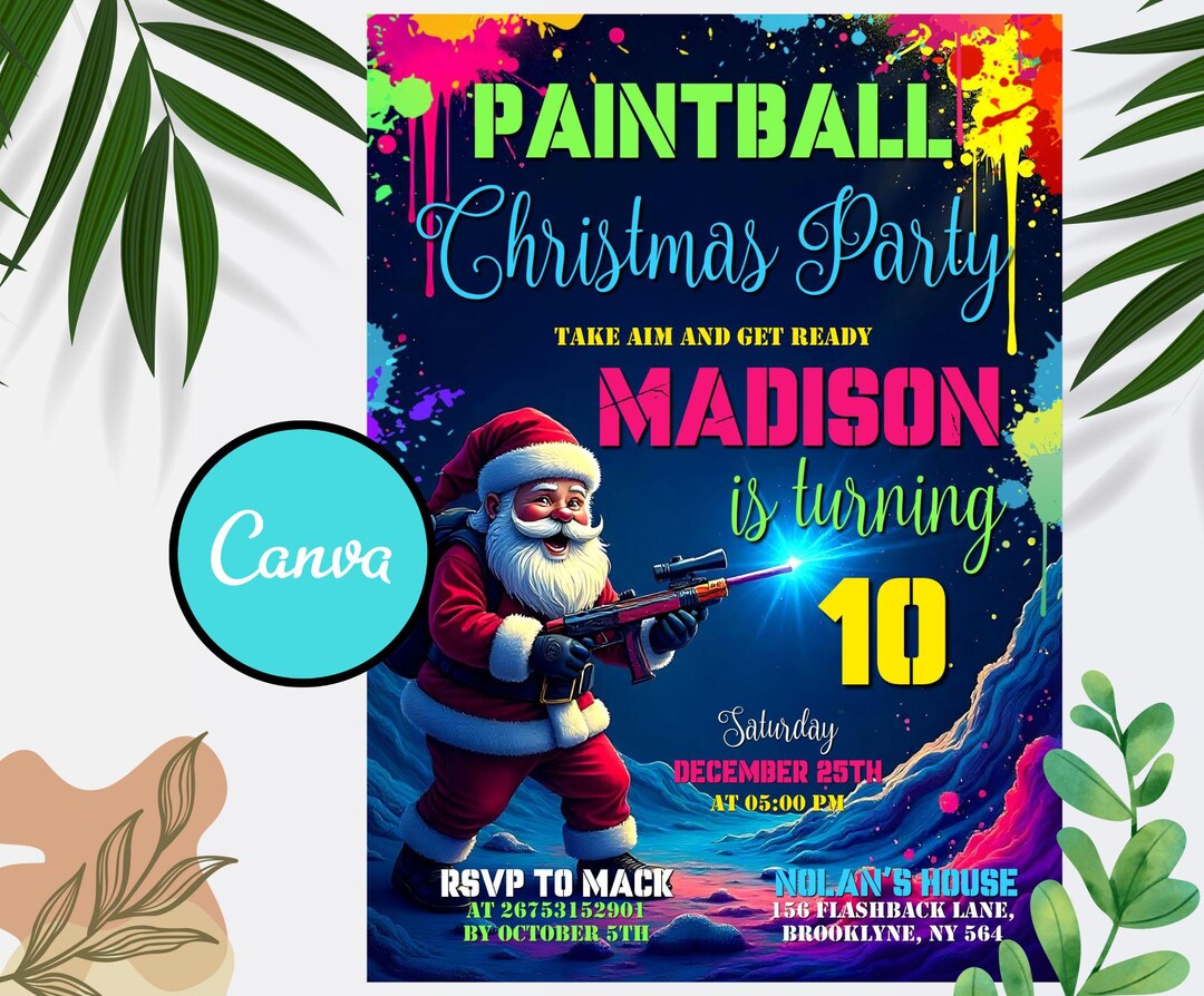 Editable Paintball Santa Christmas Invitation, Paintball Birthday ...