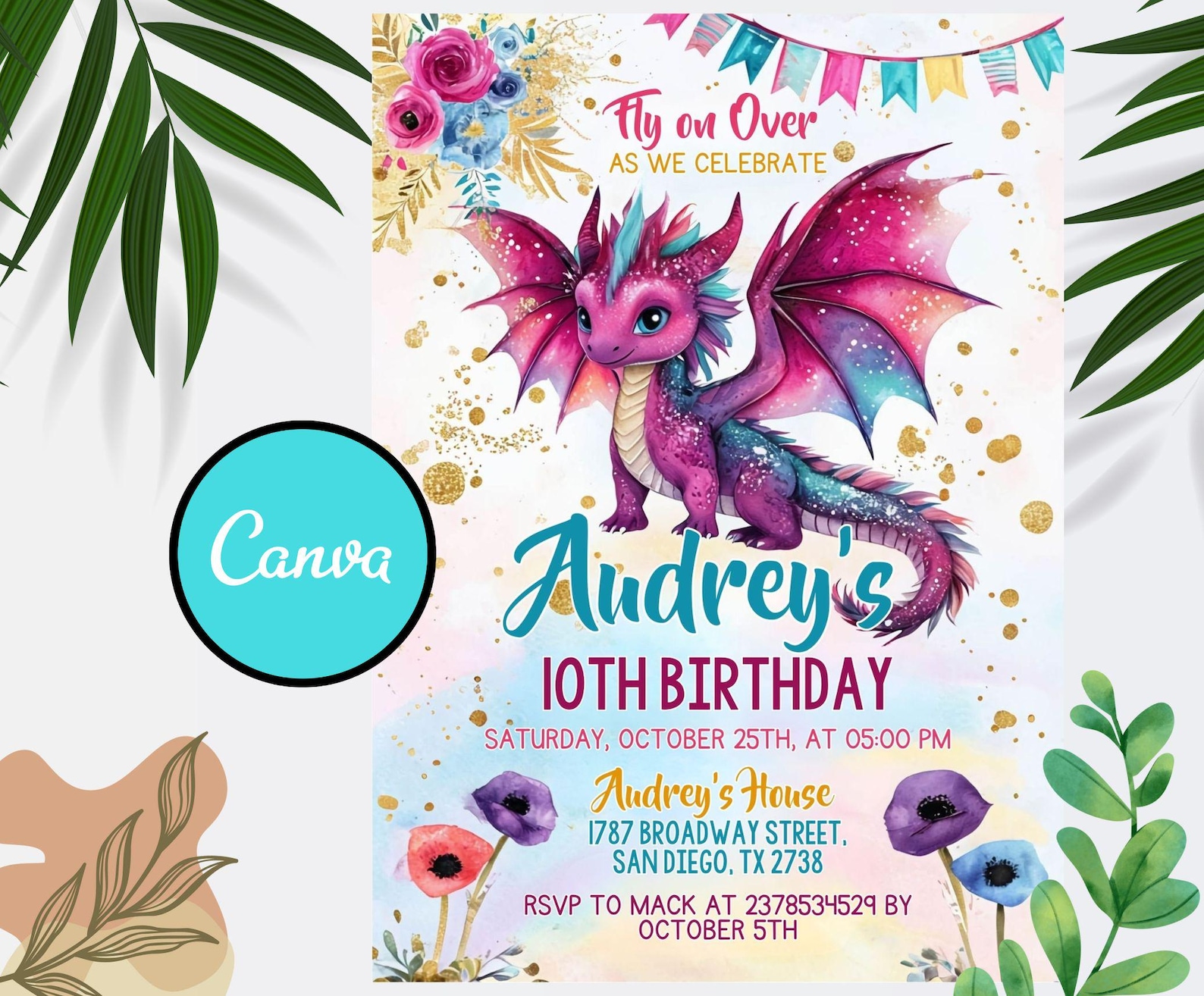 Editable Purple Dragon Invitation, Girl Dragon Birthday Party ...