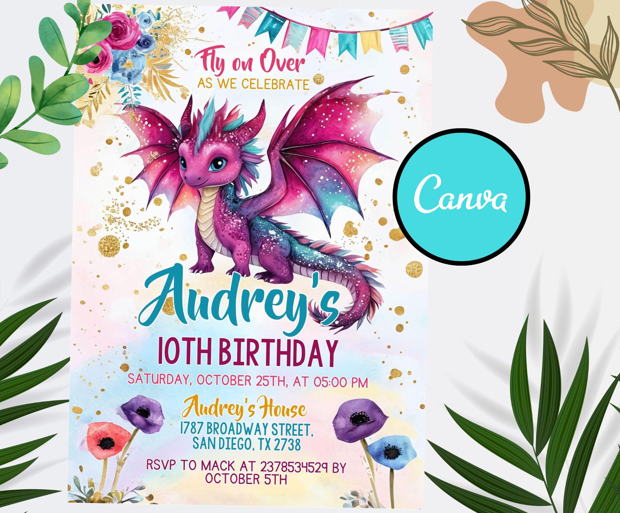 Editable Purple Dragon Invitation, Girl Dragon Birthday Party ...