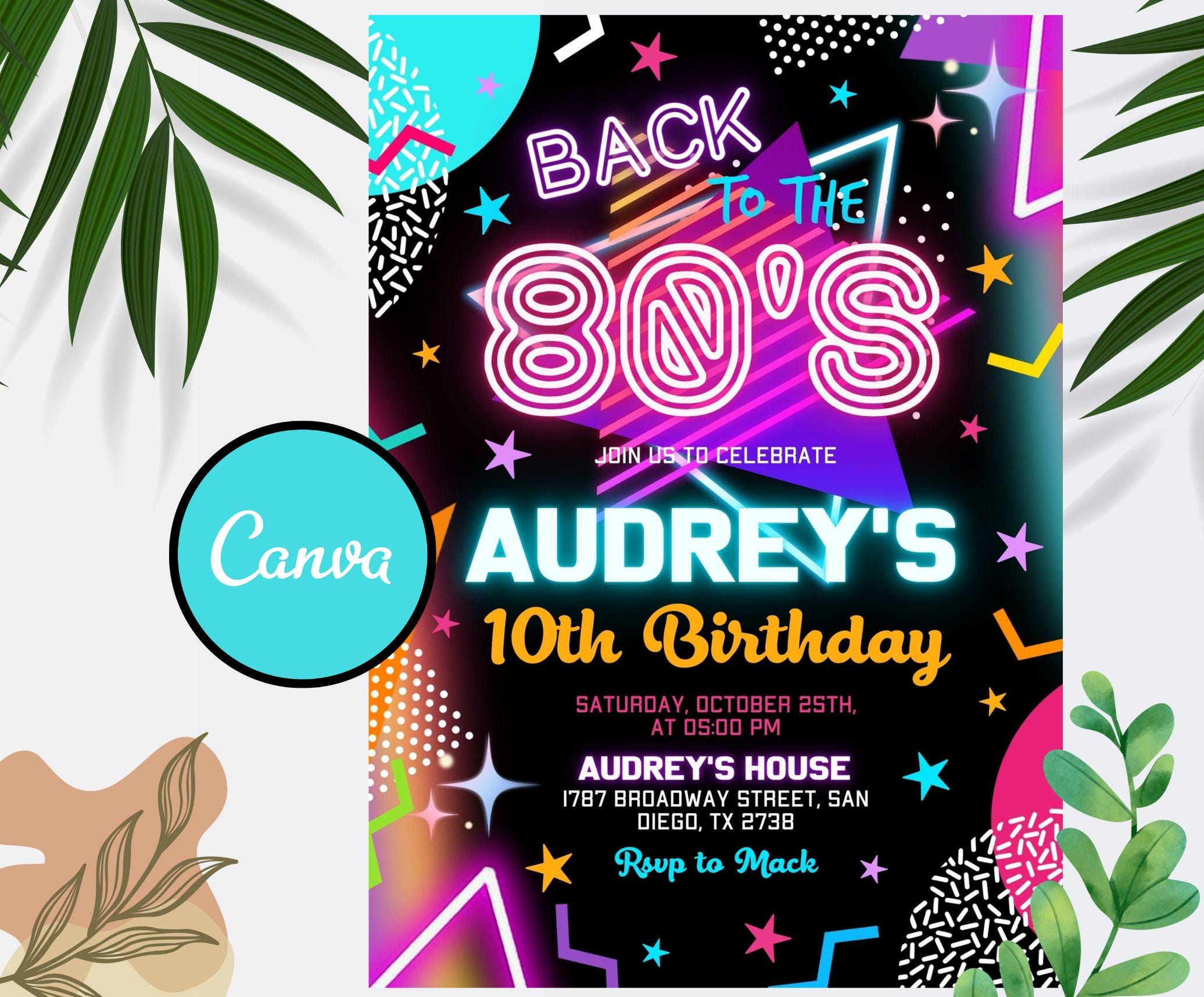 Editable 80's Birthday Party Invitation, Back to the 80's, Neon Retro ...