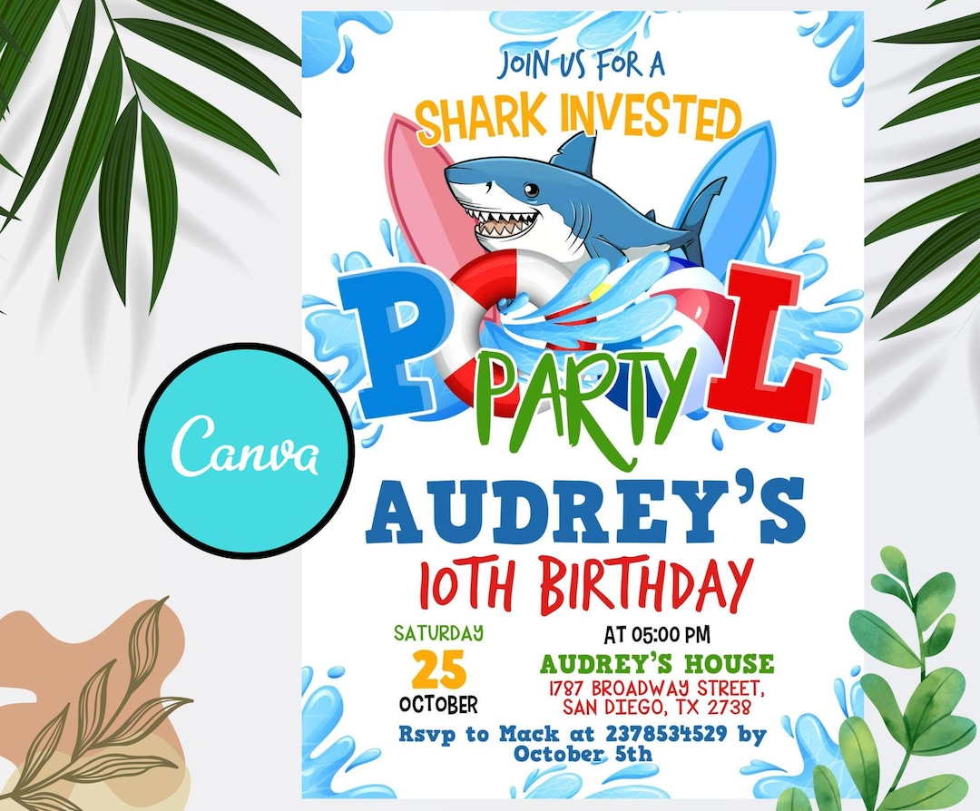 Shark Pool Party Birthday Invitation, Shark Birthday Invitation, Shark ...