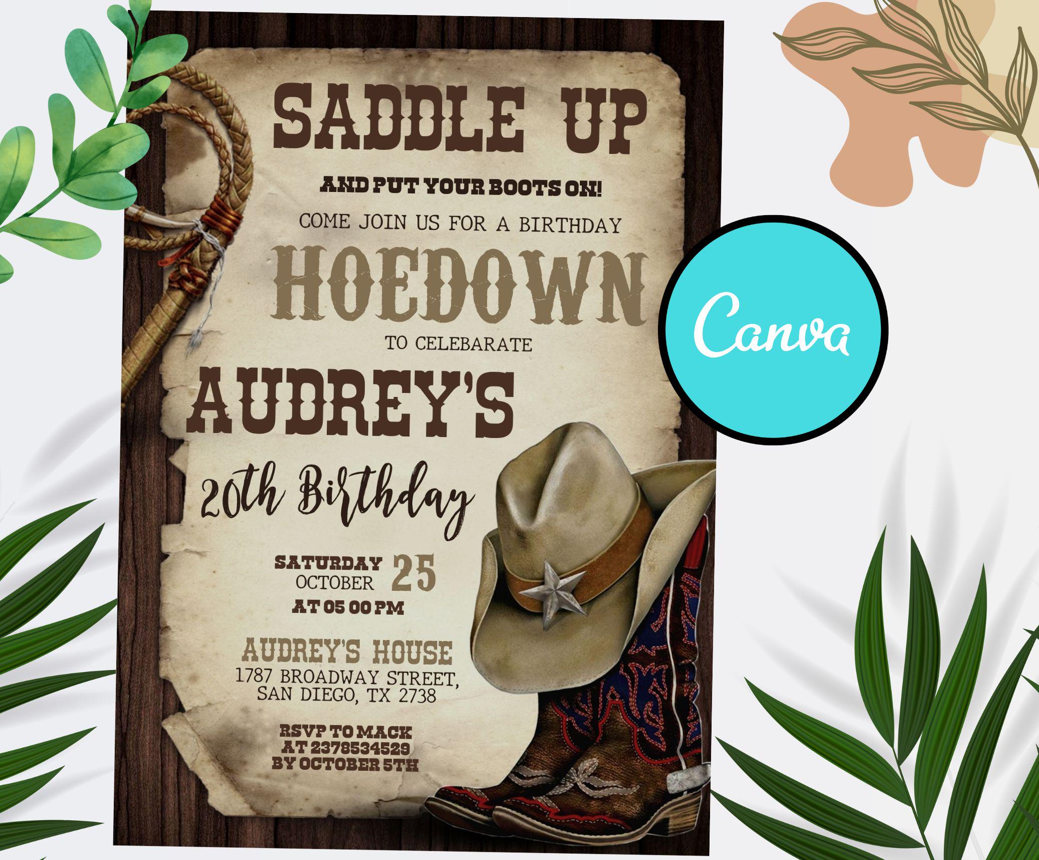 Editable Western Hoedown Birthday Party Invitation, Saddle up and Put Your Boots On, Cowboy ...