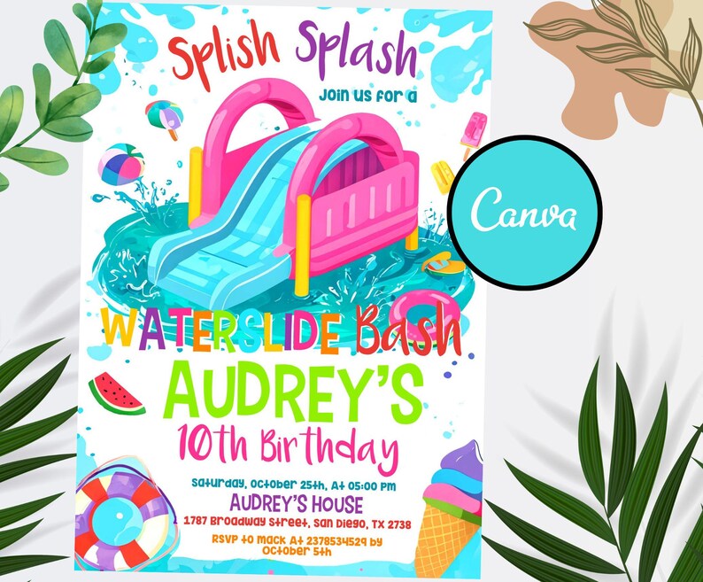 Editable Water Slide Birthday Splash Party Invitation, Waterslide Bash ...