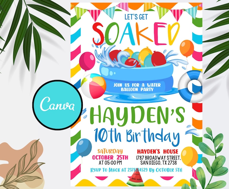 Water Balloon Birthday Invitation, Water Splash Party Invitation ...