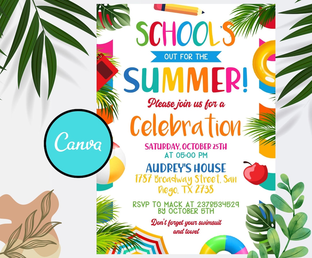 Editable End of School Party Schools Out Party Invitation, Download ...