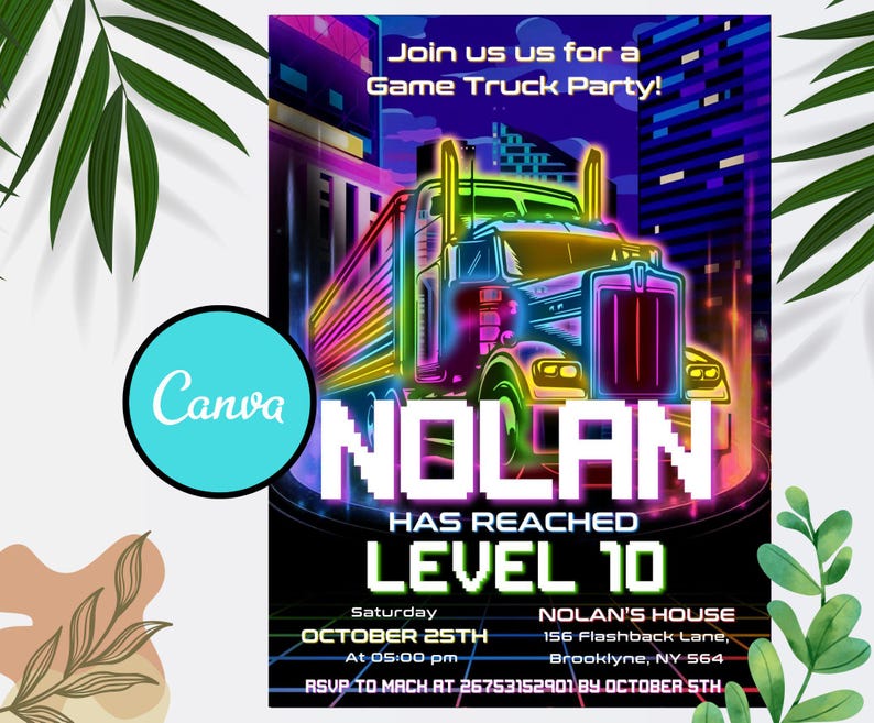 Editable Video Game Truck Birthday Invitation, Neon Gamer Truck Party ...