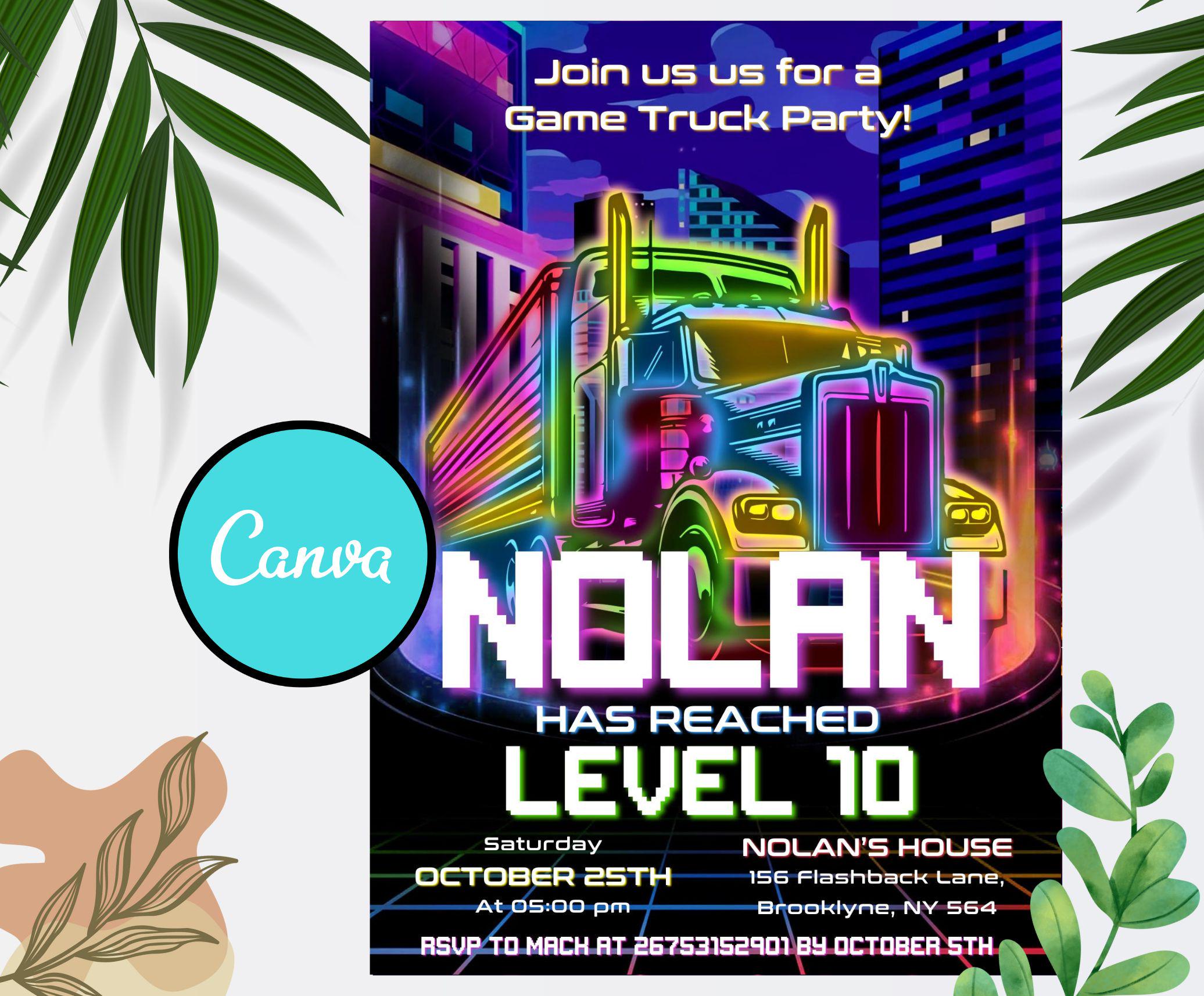 Editable Video Game Truck Birthday Invitation, Neon Gamer Truck Party ...