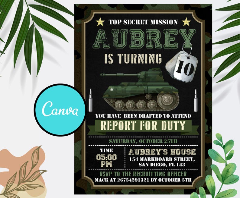 Military Party Invitations, Army Birthday Invitation, Soldier Birthday ...